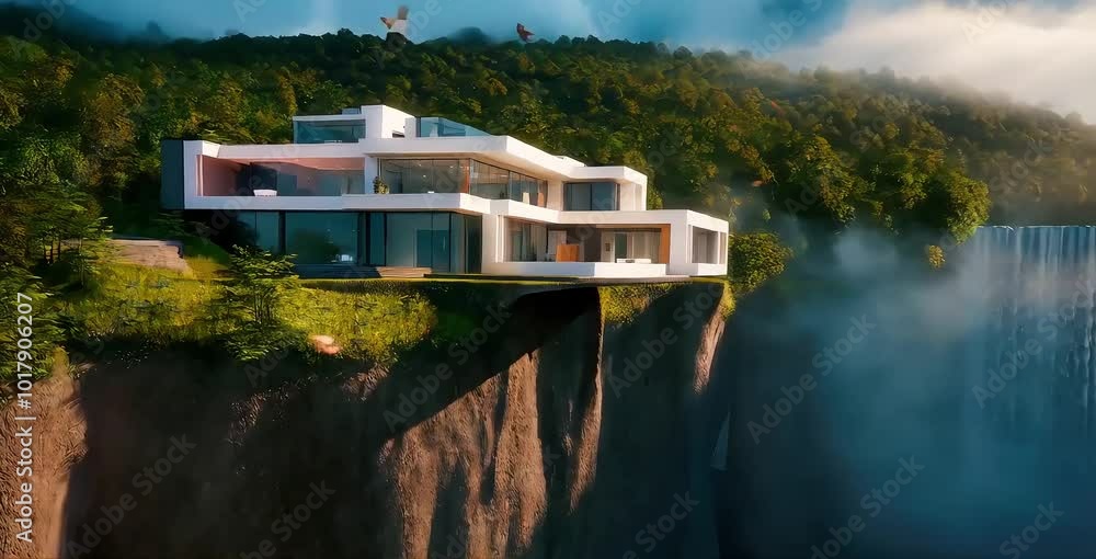 A modern mansion with amazing architecture sits on a green hill's edge ...