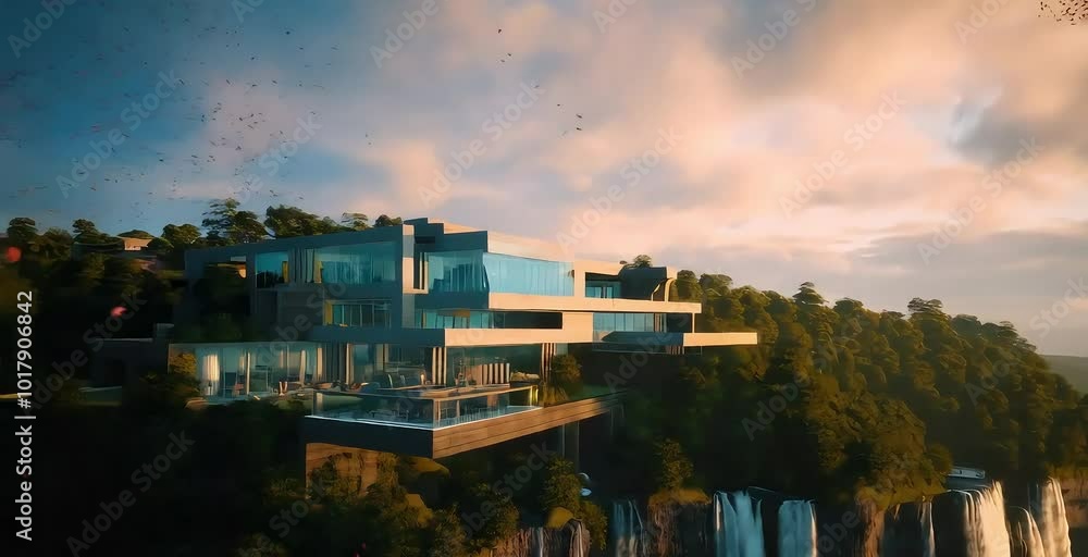 A modern mansion with amazing architecture sits on a green hill's edge ...