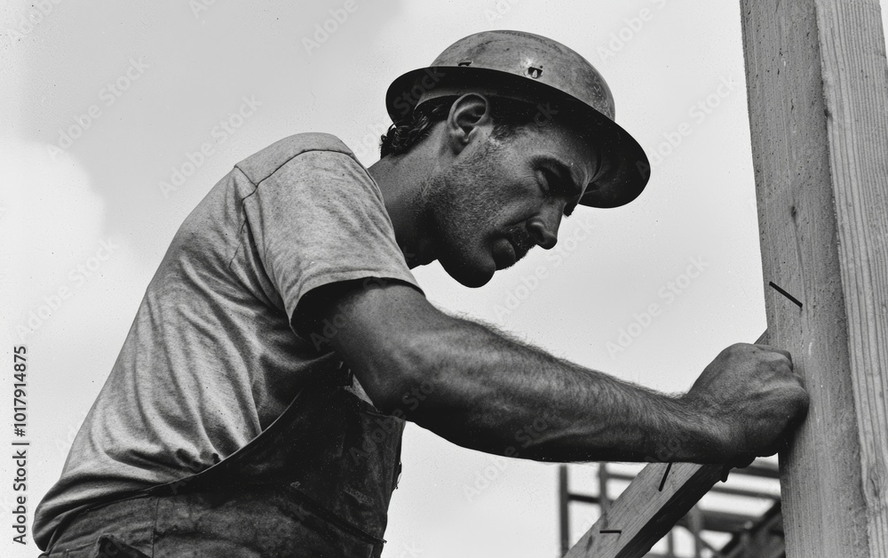 Carpenter hammering nails into wooden beams, with a two-story home ...