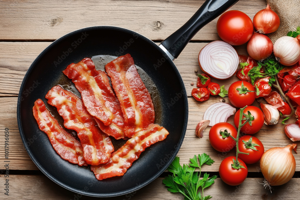 Top view of a frying pan with crispy cooked bacon strips on a wooden ...