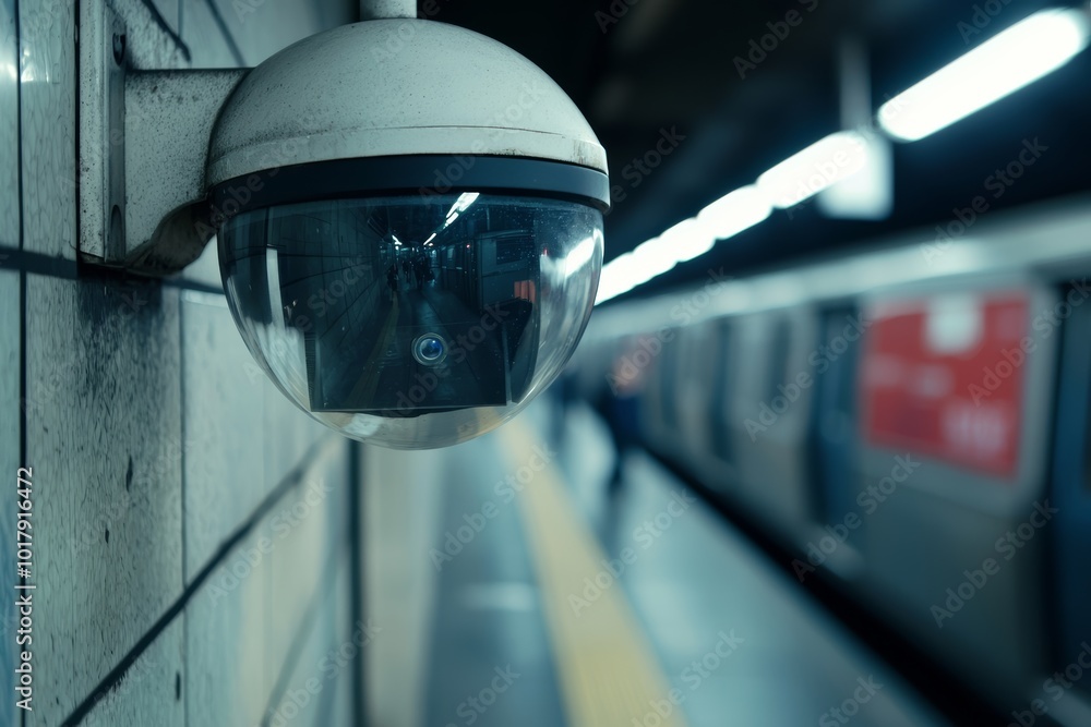 Surveillance camera overlooking a crowded subway station, focusing on a ...