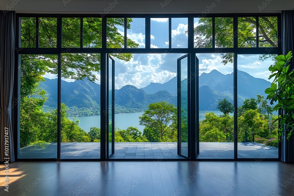 Panoramic Mountain and Lake View Through Expansive Black Aluminum Swing ...