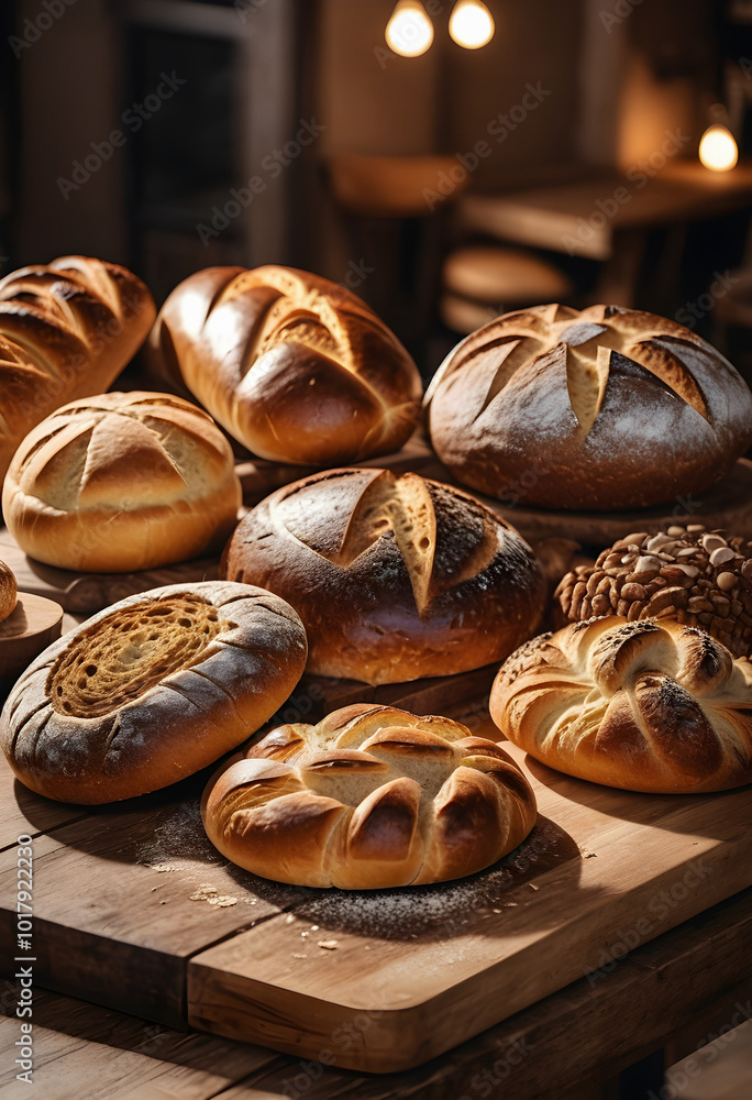 Diferentes clases de pan sobre una mesa y mostrador de madera en un ...