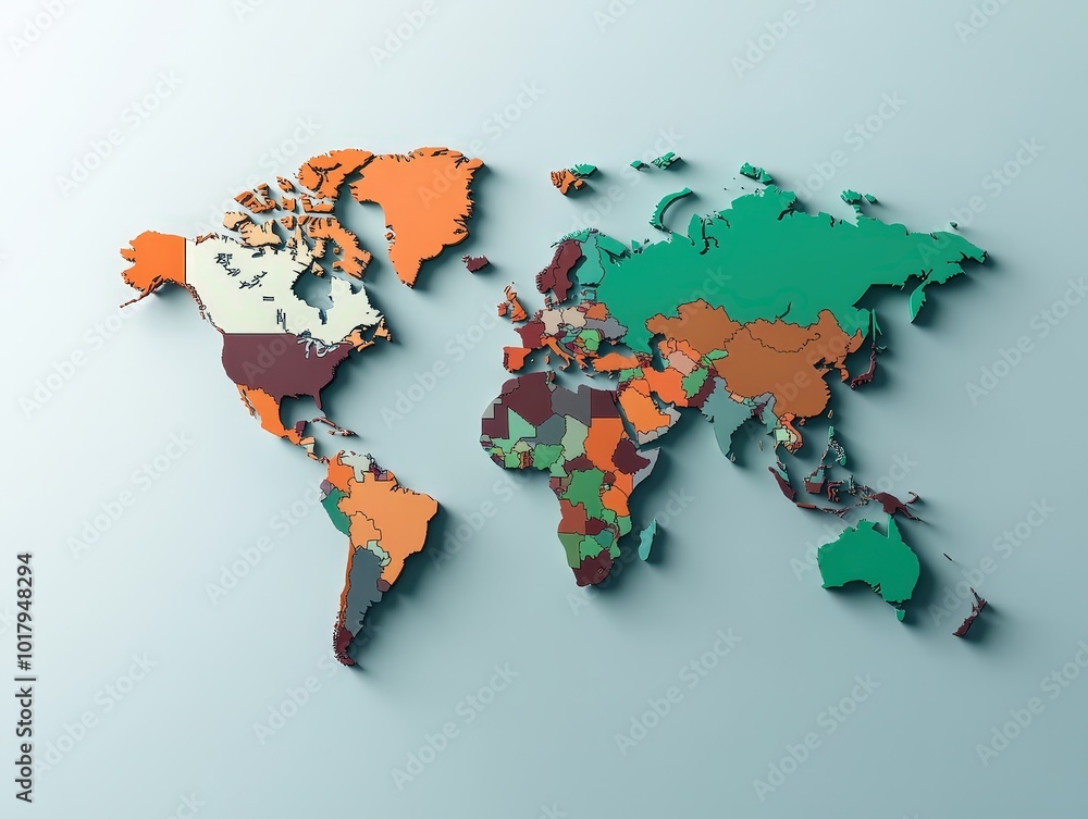 This colorful 3D map of the world showcases countries and continents ...