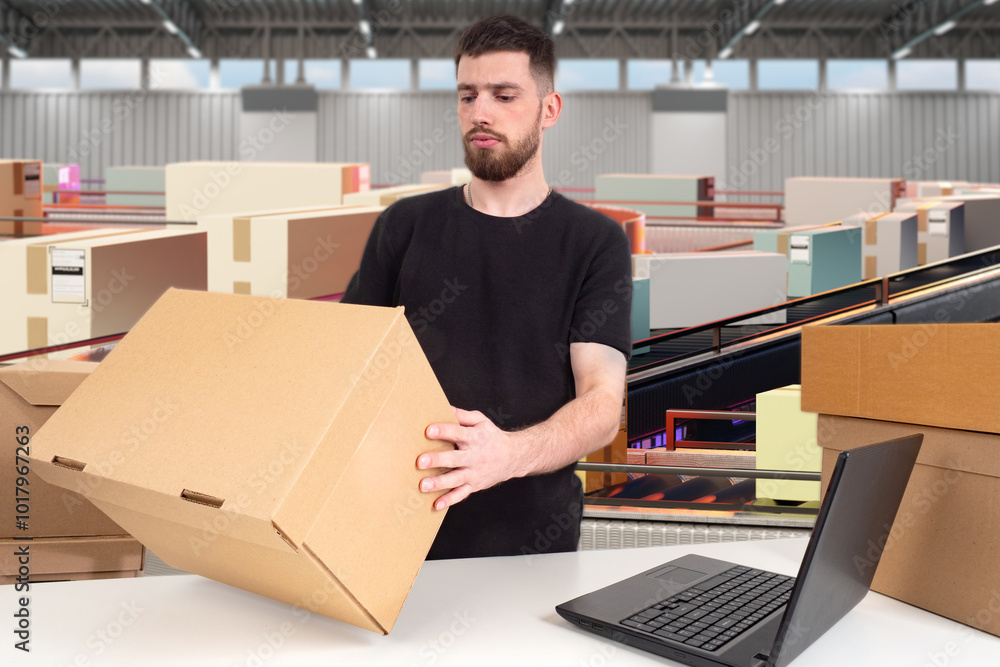 Man in warehouse with conveyor belt. Guy works near production line ...