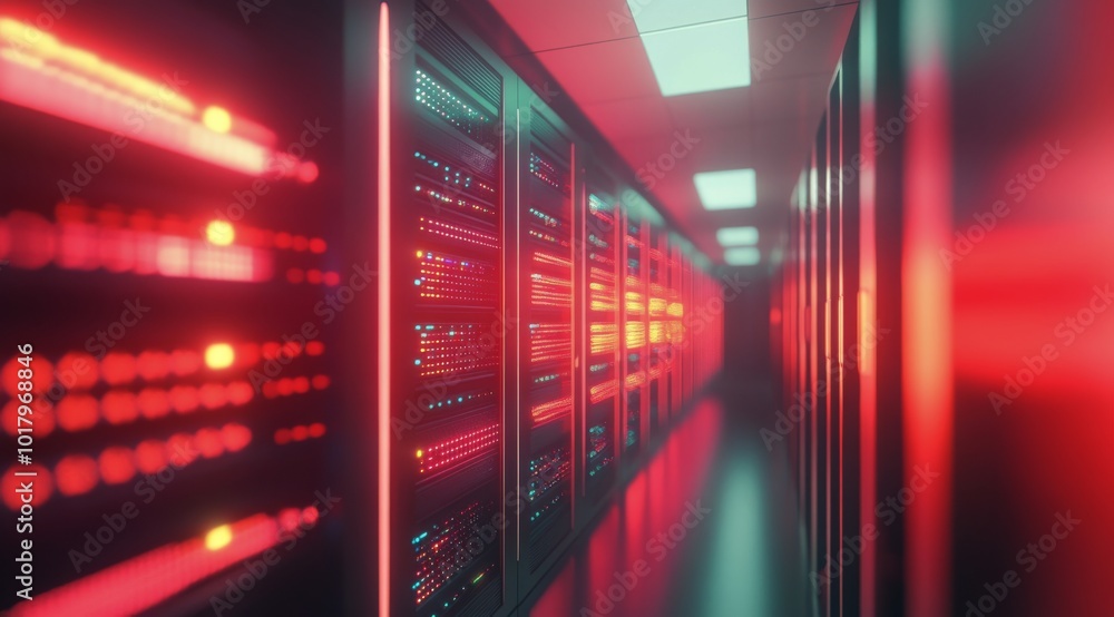Exploring a modern server room with illuminated racks in a data center ...