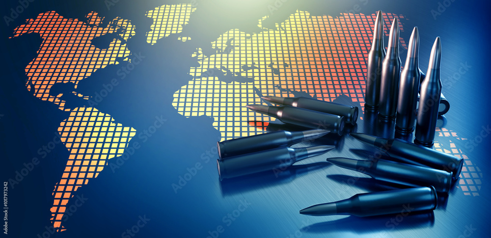 Ammo on world map. Machine gun bullets. Ammunition for weapons. Large ...