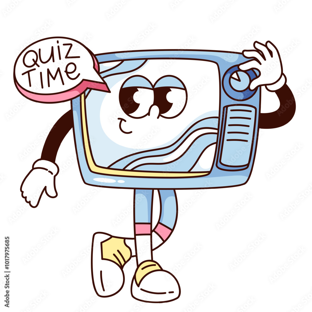 Groovy retro TV cartoon character turning button for quiz show. Funny ...