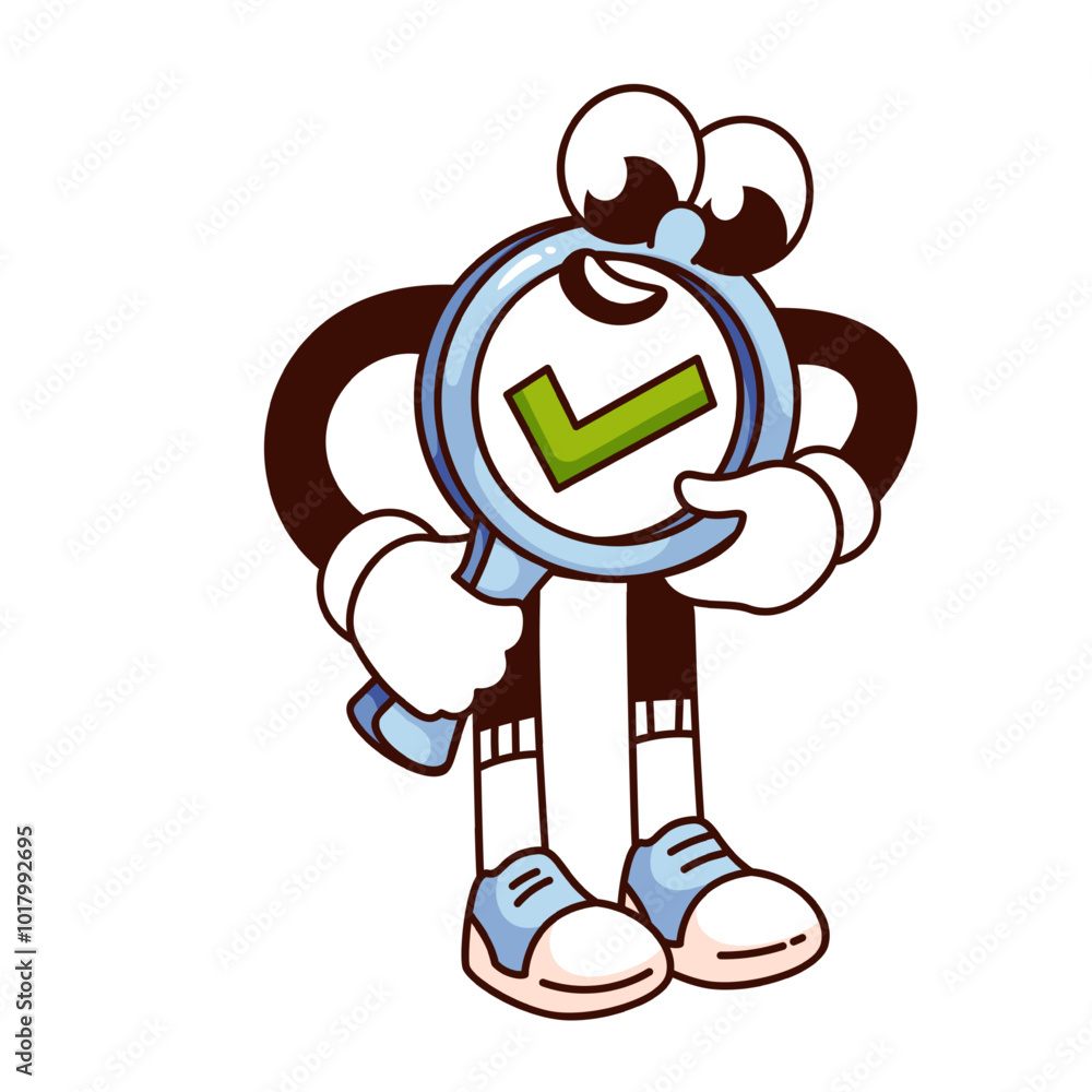 Groovy magnifying glass cartoon character showing check mark. Funny ...