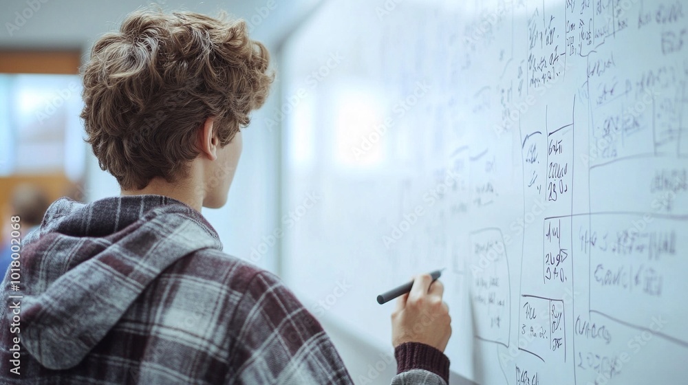 Back view of high school student solving math problem on whiteboard in ...