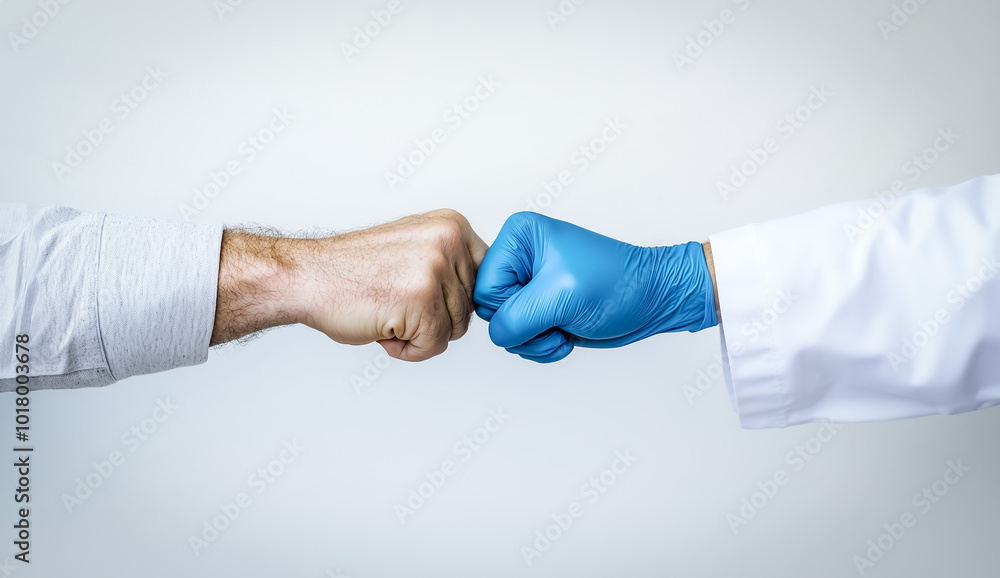 Image of a handshake between a gloved healthcare worker and a casually ...