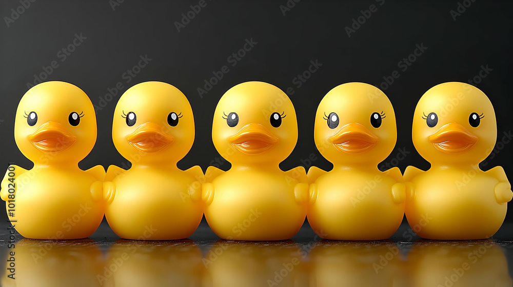 Five cheerful yellow rubber ducks lined up against a dark background ...