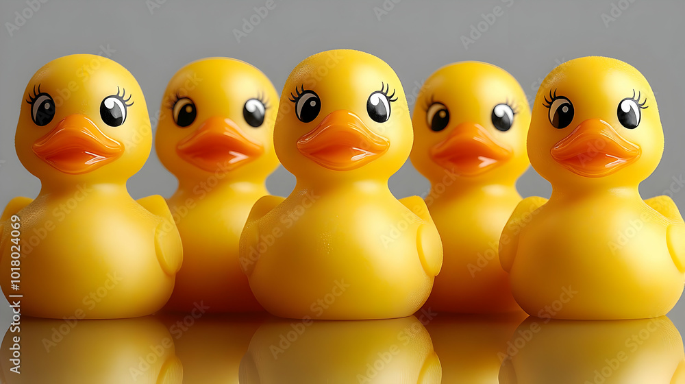 Five cheerful yellow rubber ducks lined up in a playful display. Stock ...