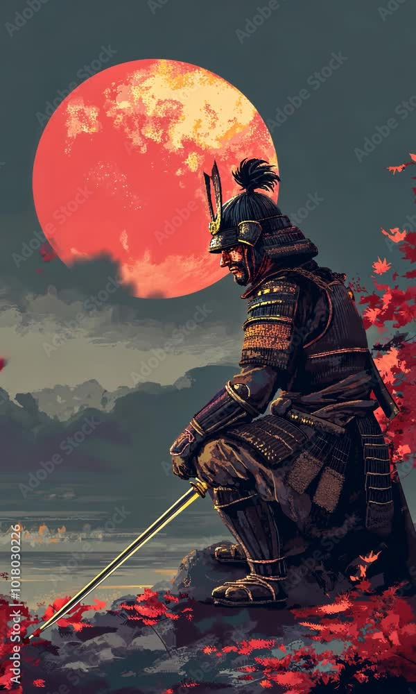 Samurai warrior kneeling with a sword, set against a dramatic red moon ...