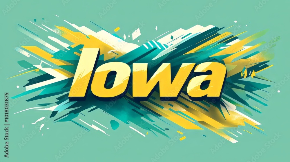 Dynamic "Iowa" text with bold splashes of teal and yellow, creating a ...