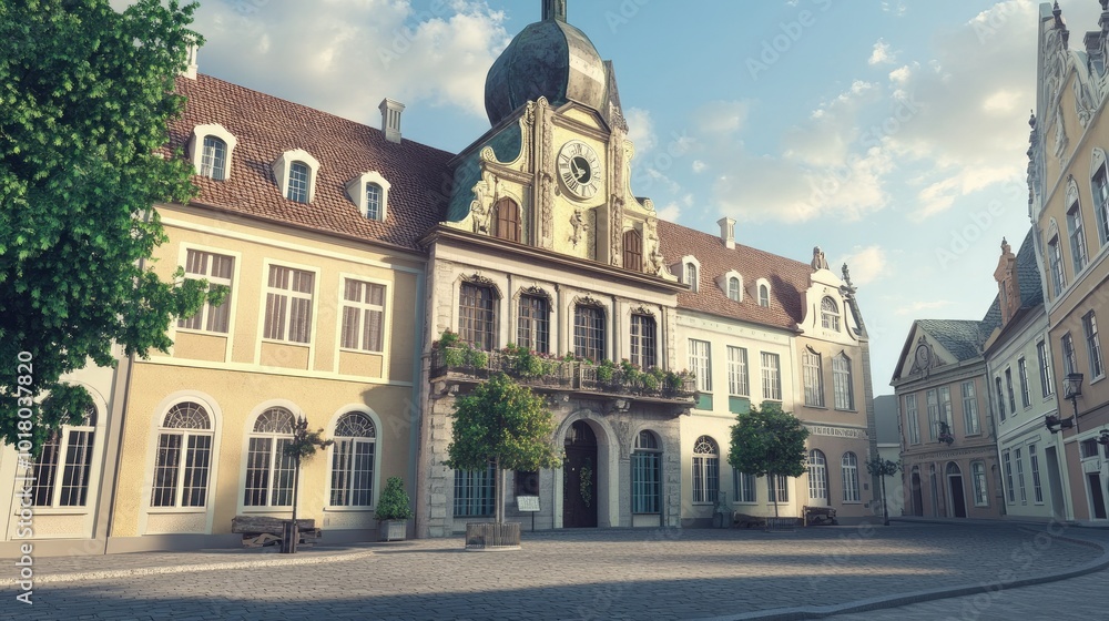 Charming European town hall with traditional architecture, no people ...