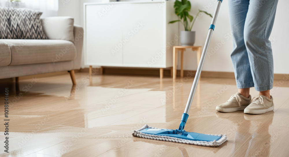 Person mopping clean wooden floor in tidy living room with plant Stock ...