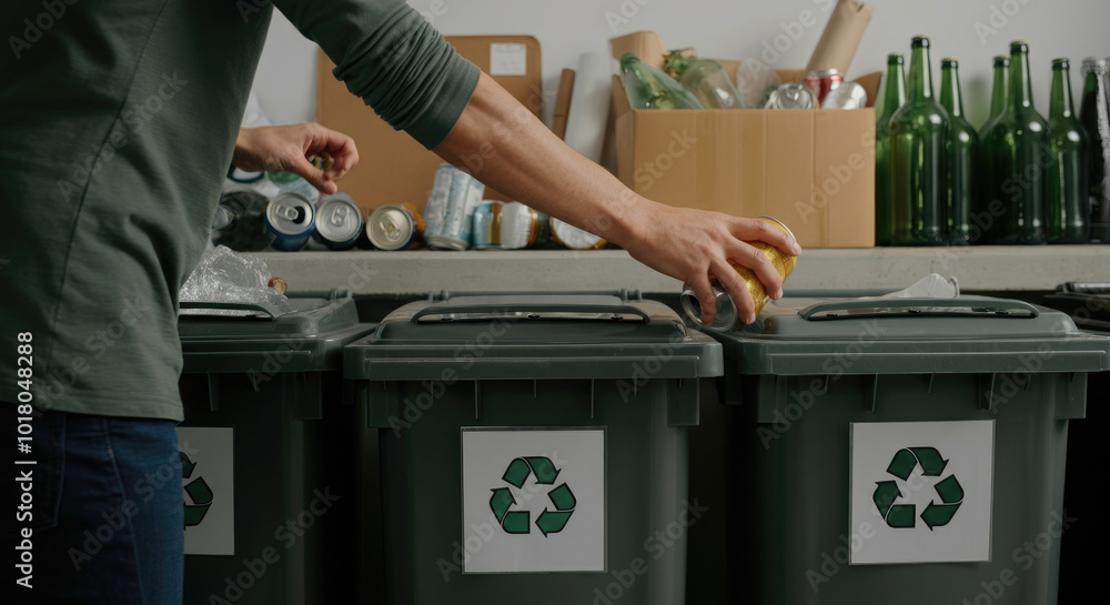 Person placing recyclable items into labeled bins Indoor recycling ...