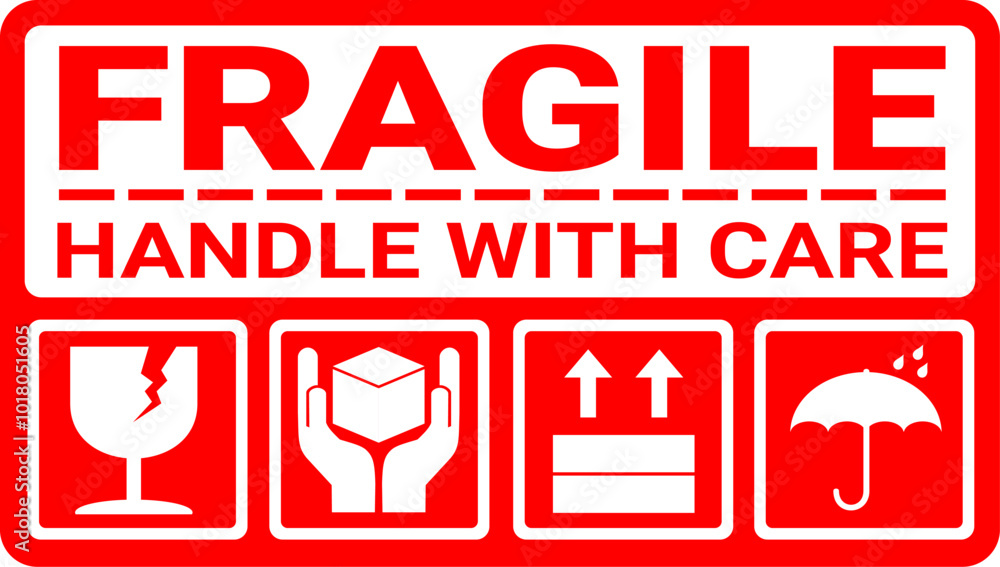 sticker fragile handle with care, red fragile warning label with broken ...