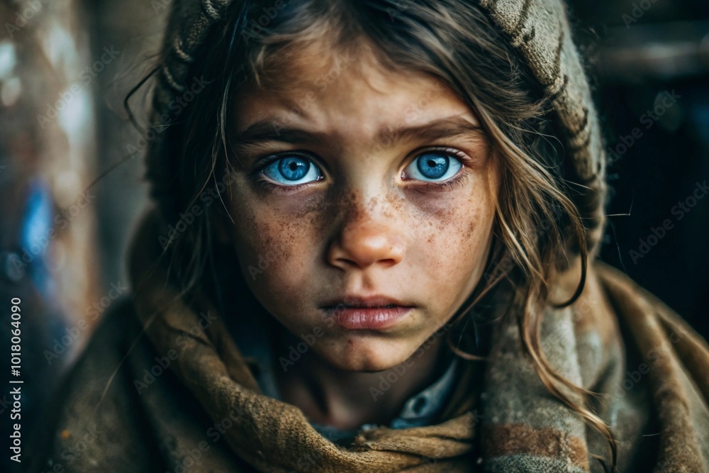 Hunger, poverty. Portrait of a beautiful dirty beggar girl with ...