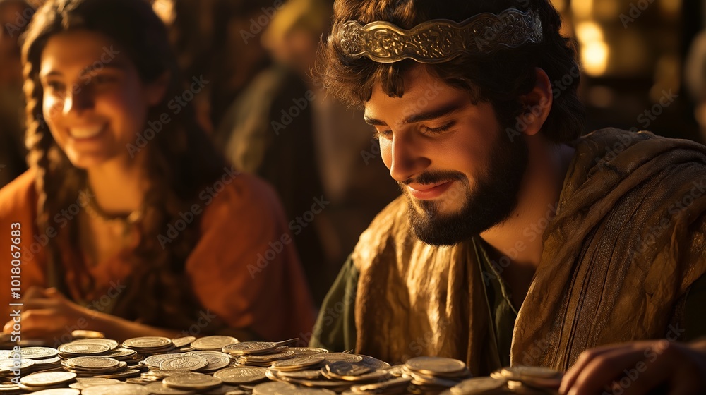 Prodigal Son enjoying his money (silver coins) with woman and parties ...