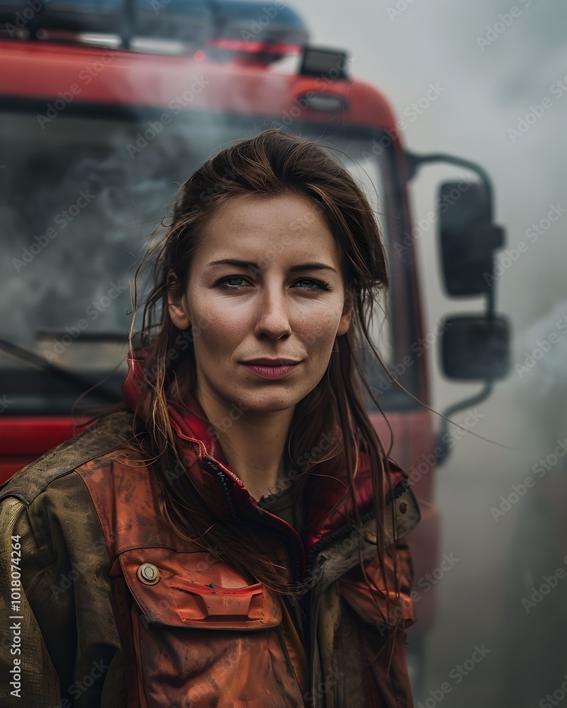 Brave Female Firefighter Stands Confidently in Front of Emergency ...