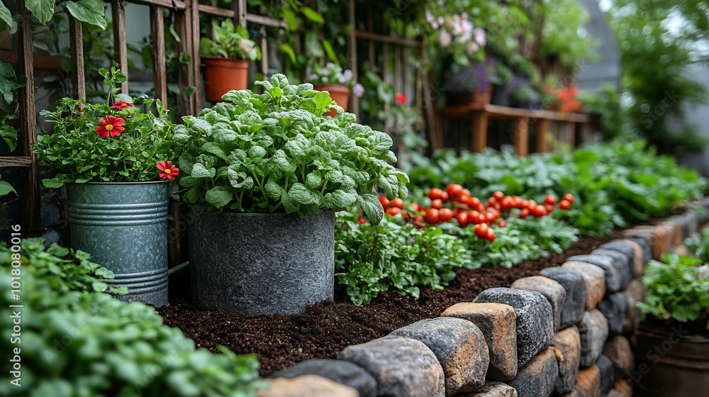 Rustic stone planters closeup of vibrant herbs antique watering cans ...
