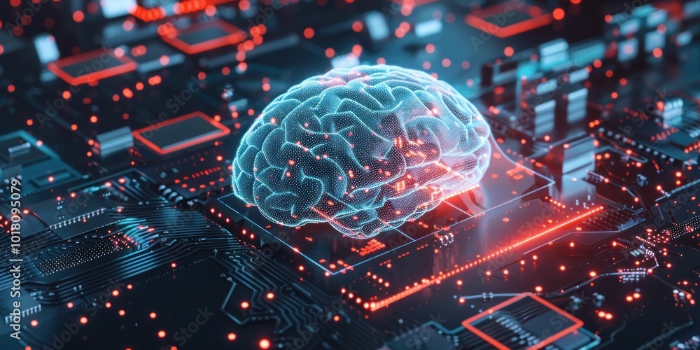 Artificial brain model on a circuit board with red and blue lights ...