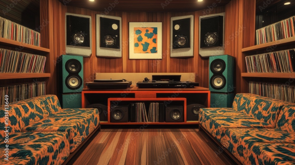 A retro 70s media room with ample vinyl record storage and vintage ...