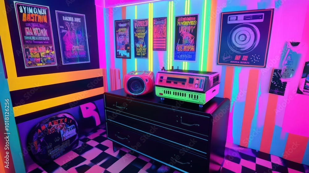 A vibrant 80s teen room boasting a bold color scheme with neon stripes ...