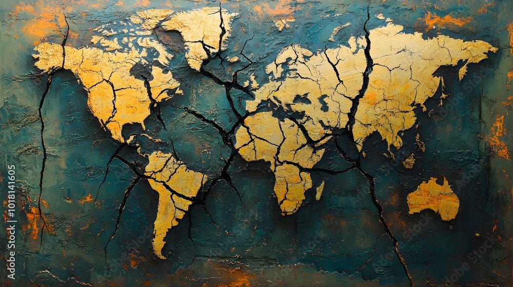 A world map with deep cracks splitting between nations, visually ...