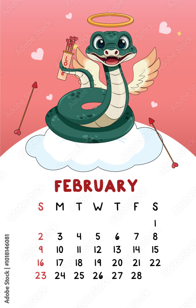 Vector vertical cute February calendar 2025 year with cartoon green ...