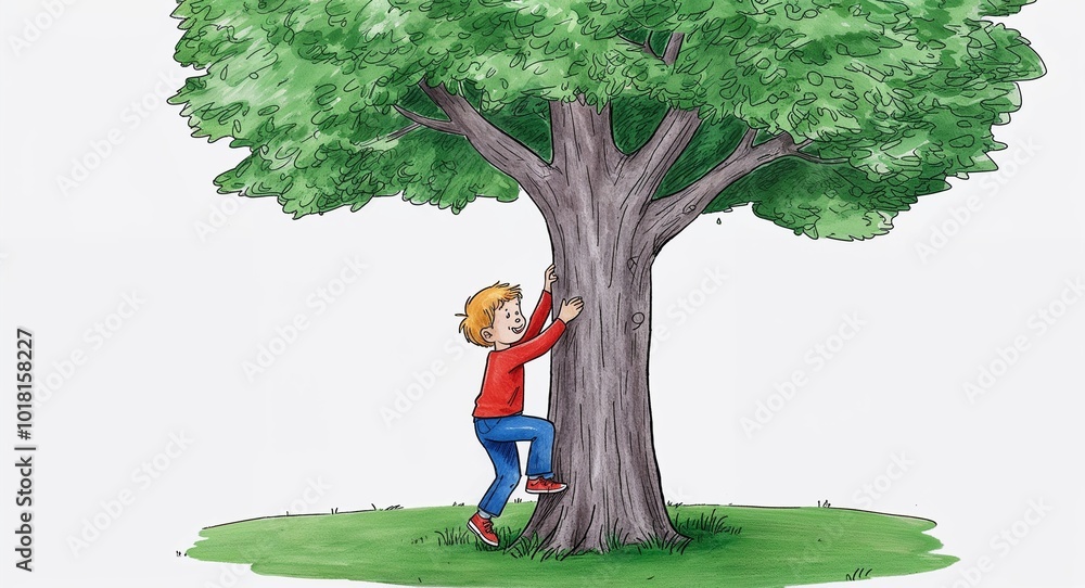 Hand drawing clipart of a boy climbing tree in yard on plain white ...