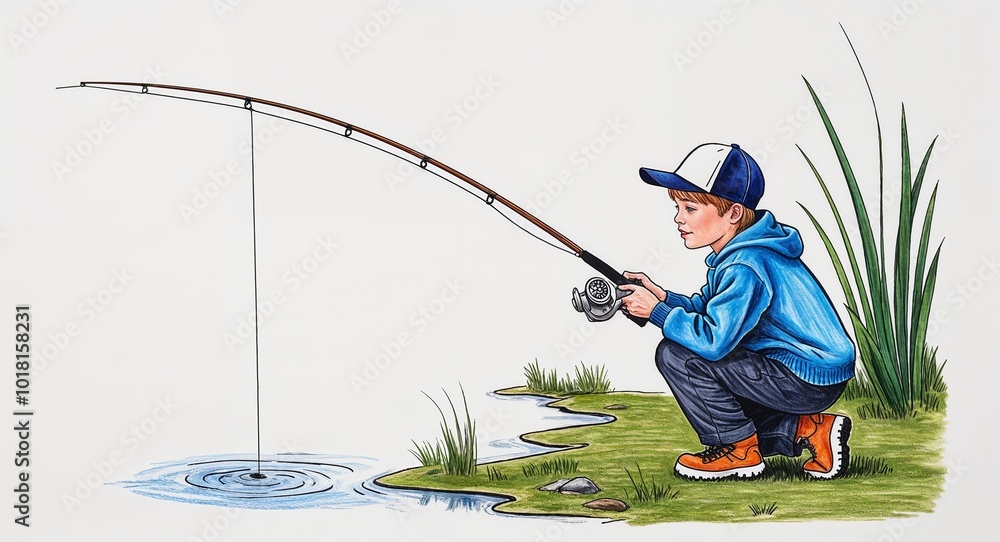 Hand drawing clipart of a boy fishing by lake on plain white background ...