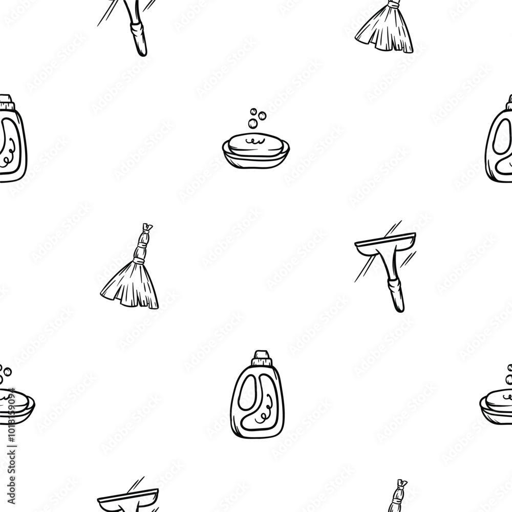 Simple black and white seamless pattern with detergents and cleaning ...