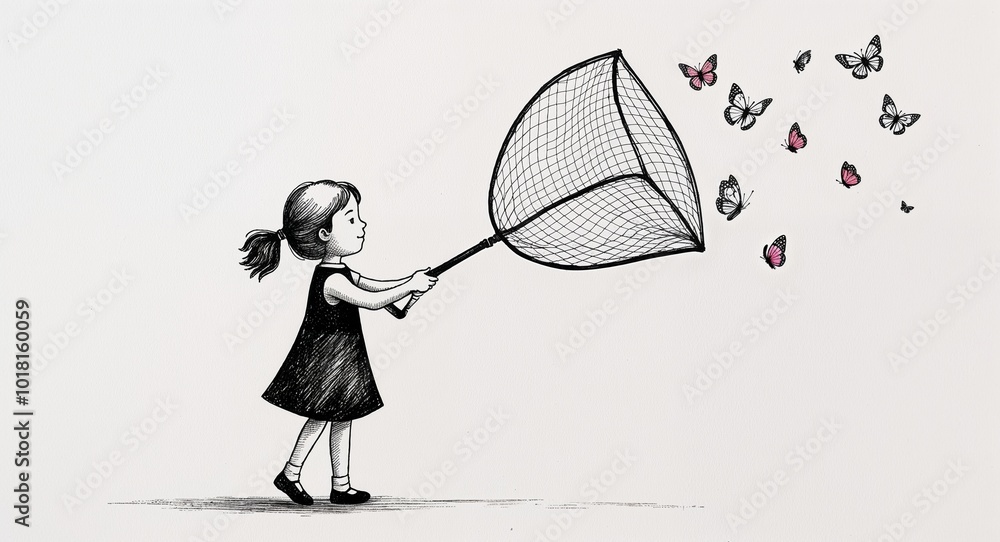 Hand drawing clipart of a girl catching butterflies in net on plain ...