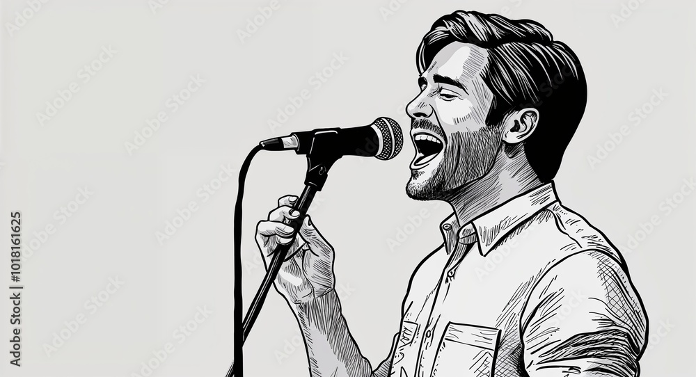 Hand drawing clipart of a man singing karaoke on stage on plain white ...