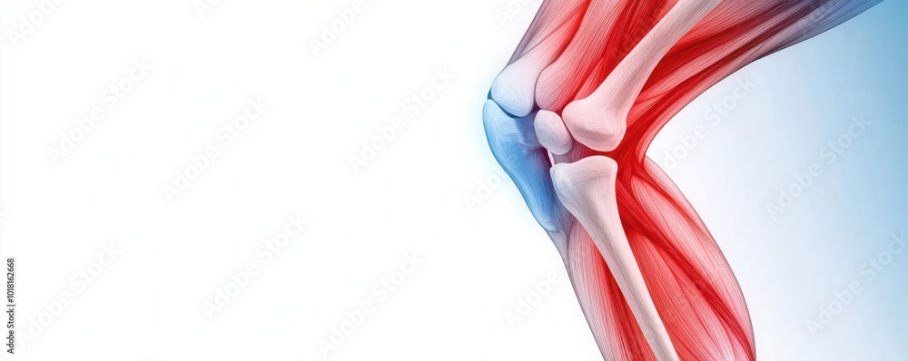 Illustration of thigh muscles and knee joint anatomy, with red and blue ...
