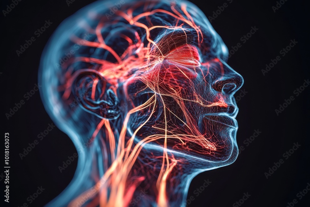 A 3D rendering of the human face with the trigeminal nerve pathways ...