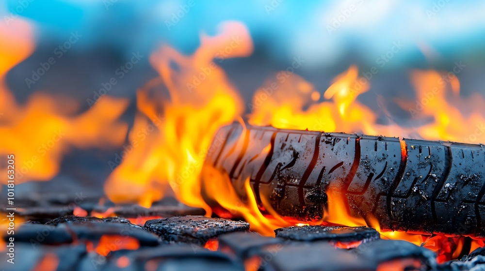 Closeup of rubber melting in a fire, with flames flickering and black ...