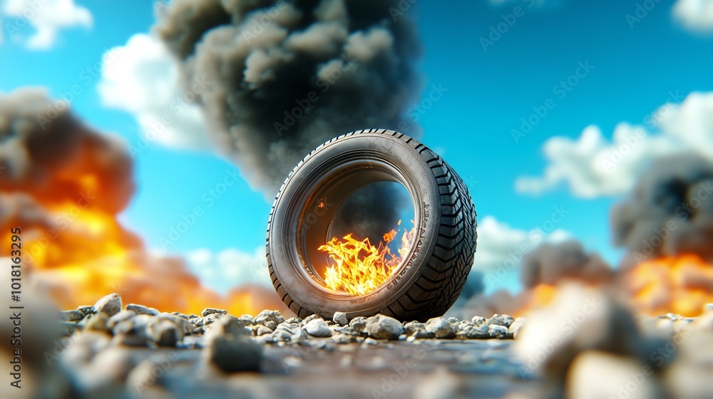 Single tire burning in an industrial setting, with black smoke pouring ...