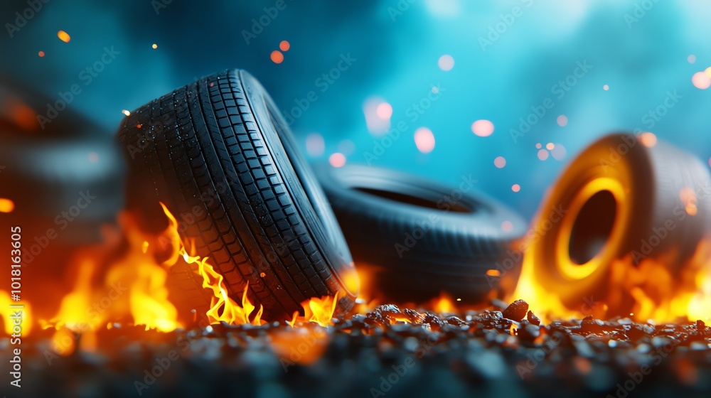 Tires melting in the heat of a fire, with black smoke rising and flames ...