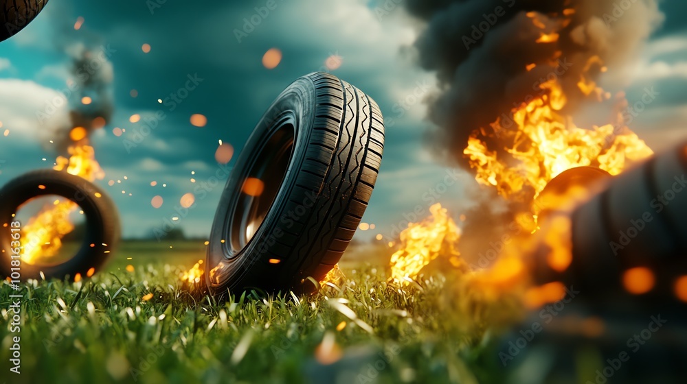 Tires on fire in an open field, with flames engulfing the rubber and ...