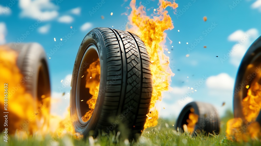 Tires on fire in an open field, with flames engulfing the rubber and ...