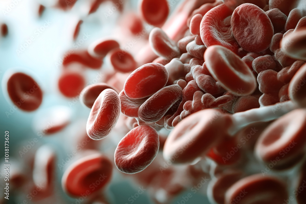 Close-up image of red blood cells in a blood vessel. The red blood ...