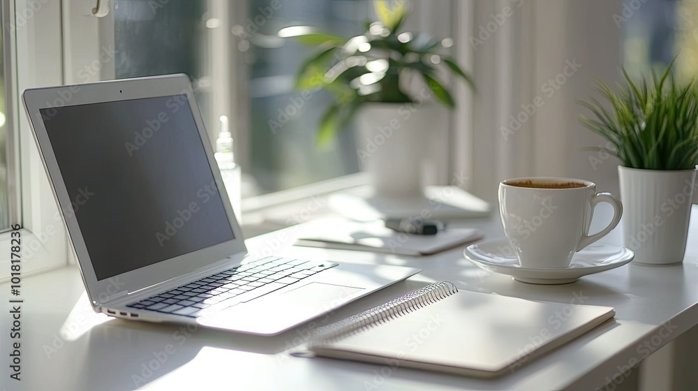 A clean white desk with a laptop, notebook, and a cup of coffee, ready ...