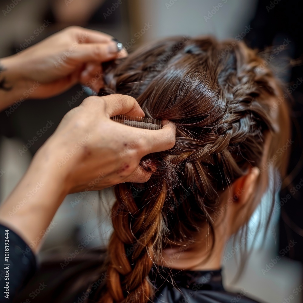 Professional stylist hands braiding client's hair in salon closeup ...