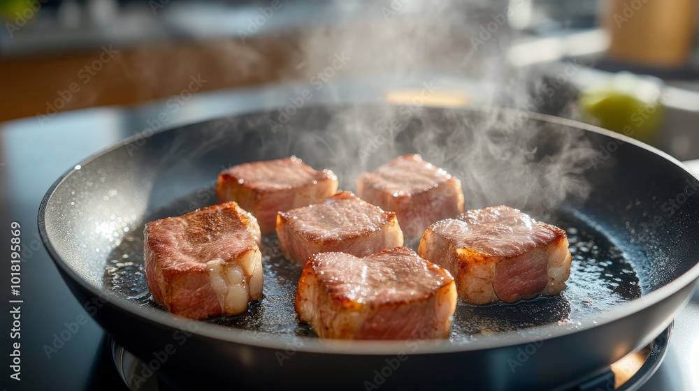 Juicy cuts of meat searing in a hot pan, the edges caramelizing to a ...
