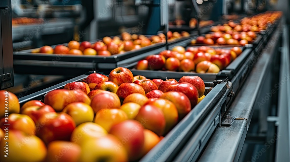Apples being sorted and processed in a factory, rolling down a conveyor ...