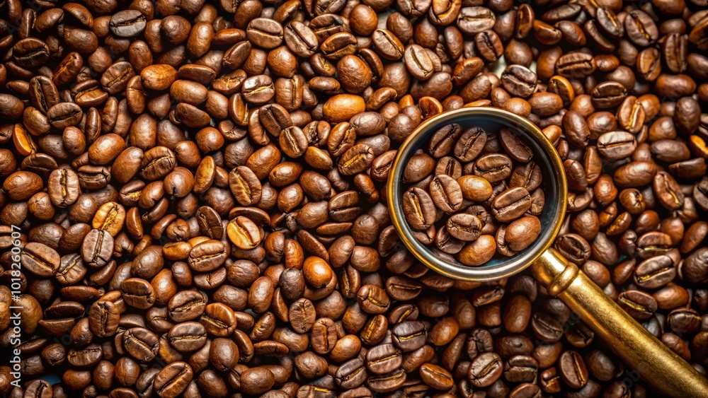 Zoomed-in on coffee beans, the magnifying glass highlights their ...